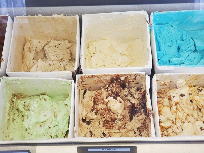 A rainbow of frozen delights! This ice cream case is like a Pantone color guide for your taste buds.