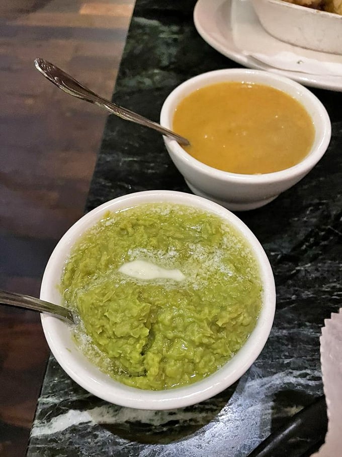 Mushy peas and curry sauce: The dynamic duo of British chip shop cuisine. They're here to save your taste buds from boredom, one dip at a time.