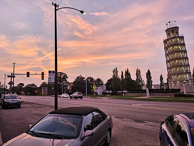 Sunset serenades the Leaning Tower of Niles, painting the sky in hues that would make even the Italians jealous.