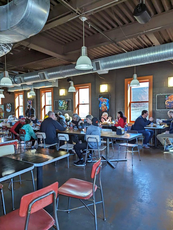 Happy diners in their natural habitat! Witness the rare sight of people actually enjoying their lunch break.