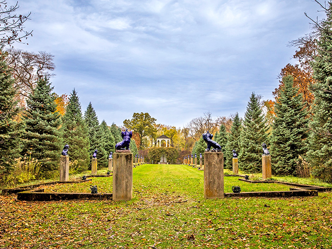 "Sculpture garden or mythical realm? With these regal statues standing guard, you might just stumble upon a faun or two."