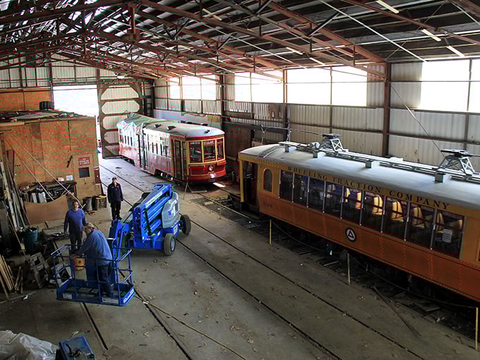 Trolley spa day in progress! These restoration wizards are giving these old girls the ultimate makeover - from rust bucket to belle of the ball.