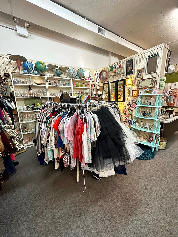 Vintage clothing heaven or time-travel wardrobe department? Either way, these racks are ready to make your retro fashion dreams come true.