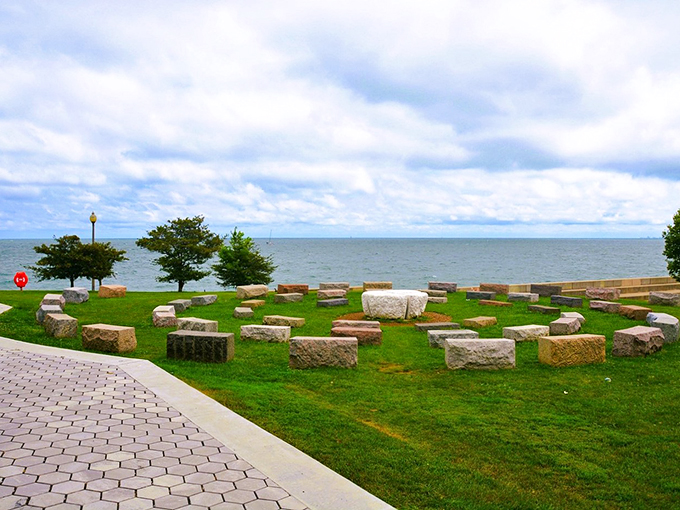 Stonehenge meets Star Trek on this cosmic lawn. Perfect for contemplating your place in the universe or just enjoying a stellar picnic.