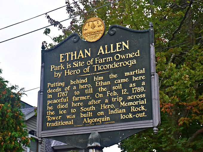 History lesson or treasure map? This marker tells Ethan Allen's tale, minus the furniture deals. No assembly required for this piece of the past!