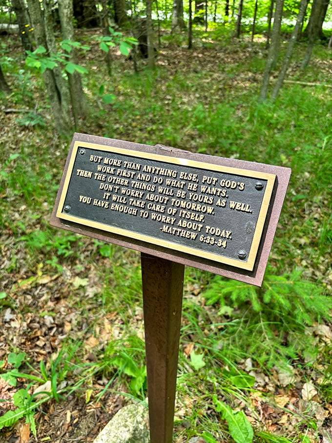 Words of wisdom in the wilderness. This marker reminds us to stop and smell the pine needles once in a while.