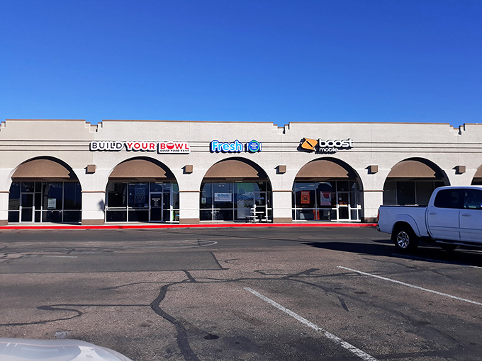Strip mall architecture gets a southwestern makeover, proving even everyday shopping can have a touch of desert charm.