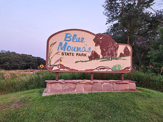 Welcome to Blue Mounds, where the bison roam free and the humans&hellip; well, they stay behind the sign. Safety first, folks!