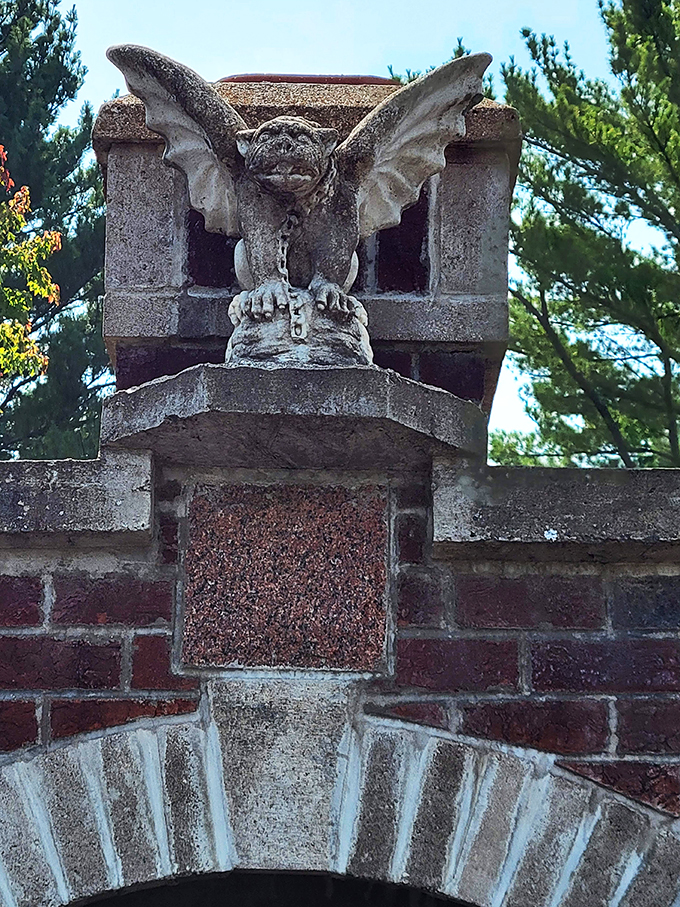 Gargoyle or guardian? This stone sentinel keeps watch over the castle grounds, daring any dragon to mess with Wisconsin.