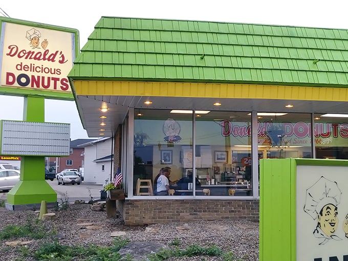 Highway to heaven! Donald's neon sign is the bat signal for donut lovers on the move.
