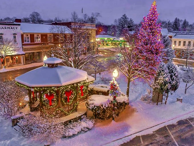 The illuminated waterfall: Nature's own ice sculpture, now with mood lighting. It's like the town's screensaver come to life.