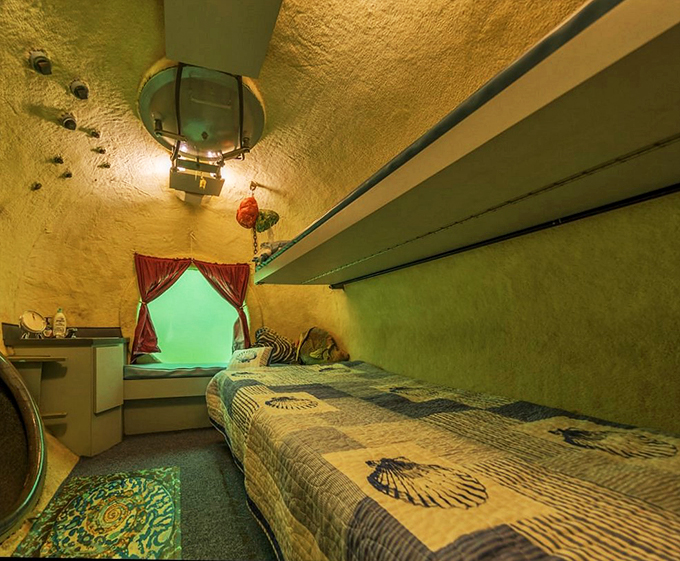 Scuba dive to check-in at this submerged stay. Watch fish swim by your window and get pizza delivered 21 feet underwater.