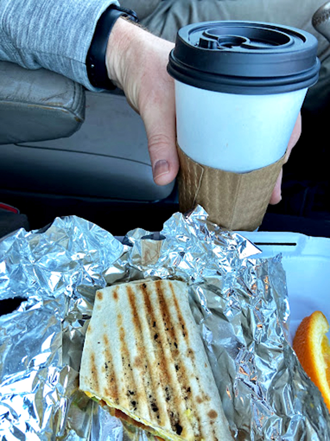 Breakfast on the go never looked so good! This burrito and coffee combo is the dynamic duo your morning commute needs.