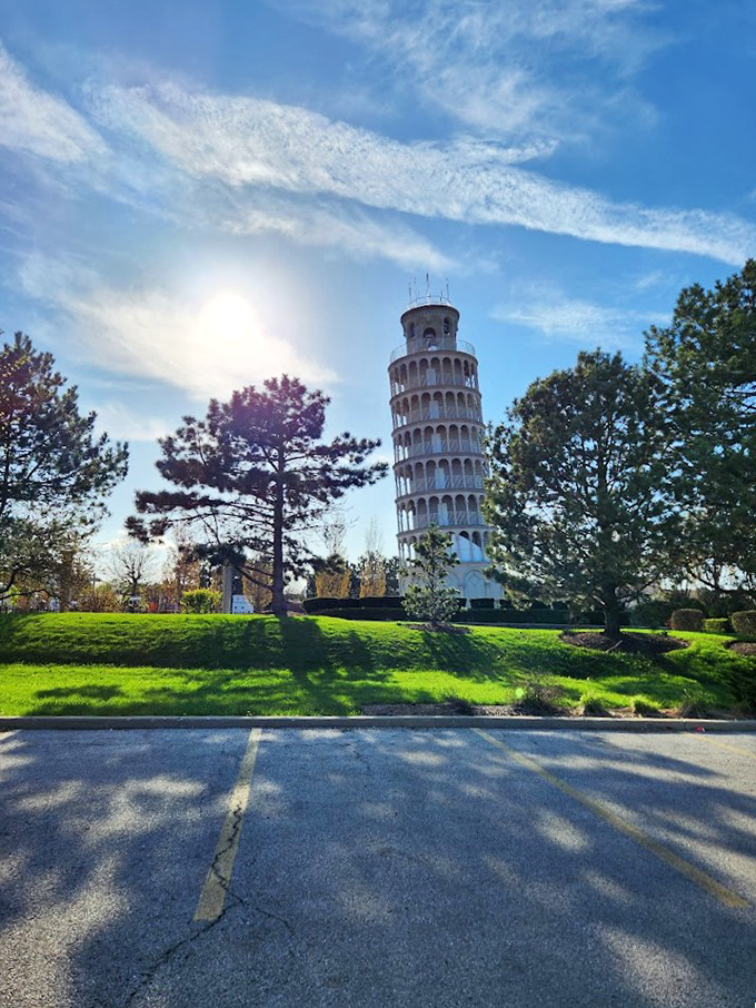 Peek-a-boo, I see you! The tower plays hide-and-seek with the trees, adding a touch of whimsy to the Illinois landscape.