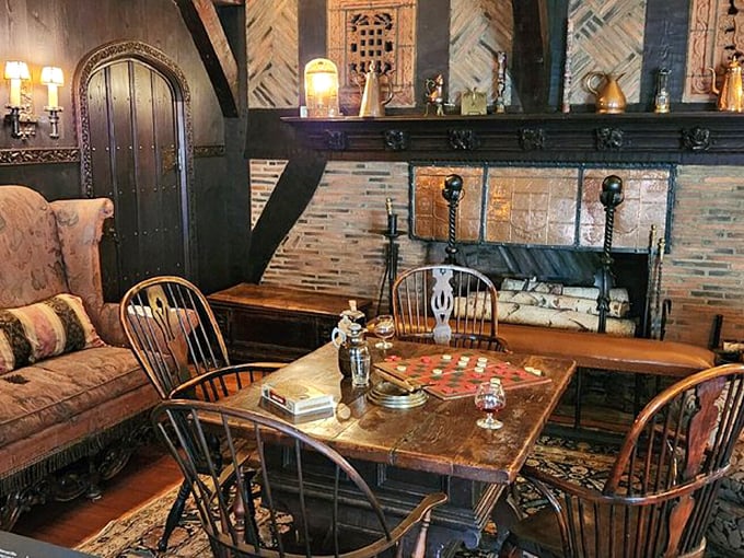 "Game night, Tudor style!" This charming corner, complete with checkerboard and fireplace, invites visitors to channel their inner Henry VIII (minus the beheadings, of course).