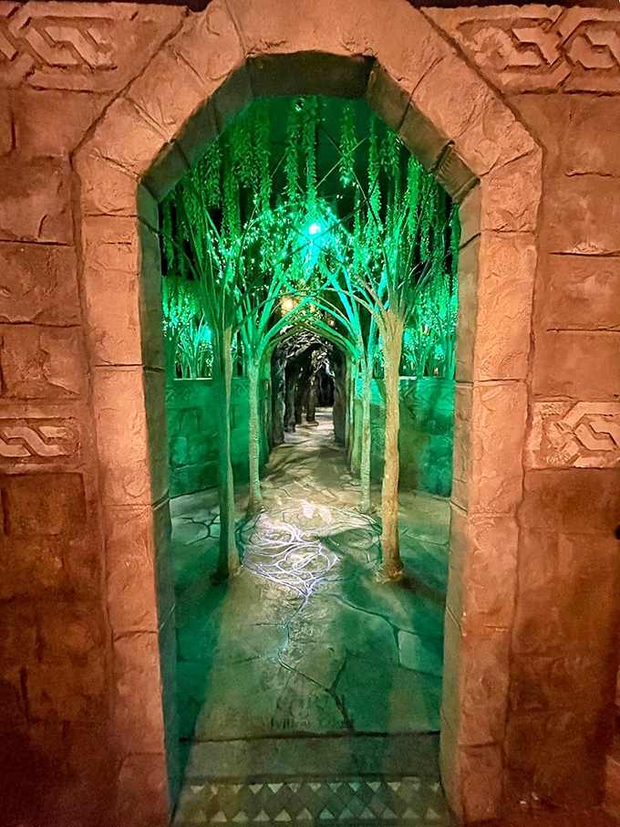 Emerald City, eat your heart out! This glowing green passageway feels like a journey through an enchanted forest.
