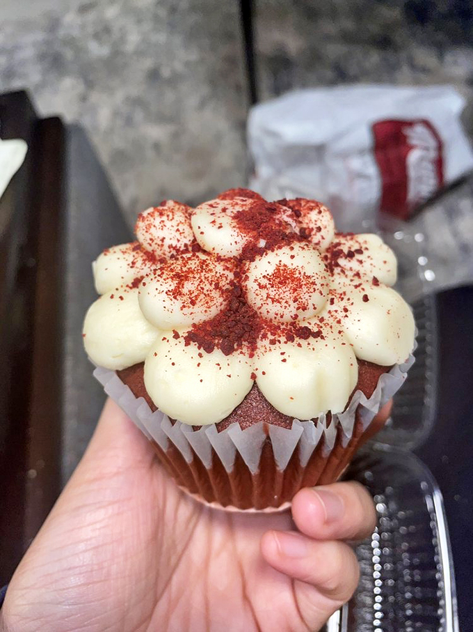 Red velvet cupcake or edible work of art? This frosted beauty is so pretty, you almost don't want to eat it. Almost.