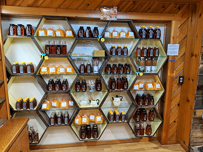 Honey, I'm home! This honeycomb display is the bee's knees, offering liquid gold in more varieties than you can shake a stick at.