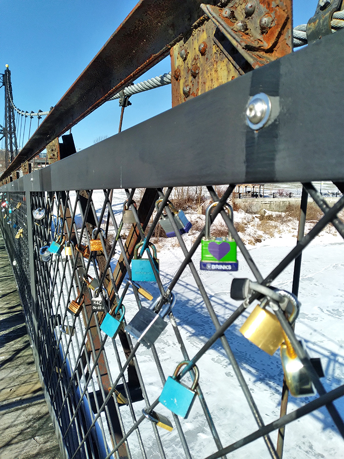 Love locks, Maine style: Couples seal their devotion with padlocks, turning the bridge into a metal-clad cupid.