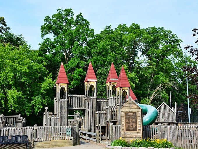 Medieval castle or modern playground? Why not both! This wooden fortress is ready for little knights and princesses to storm its towers.