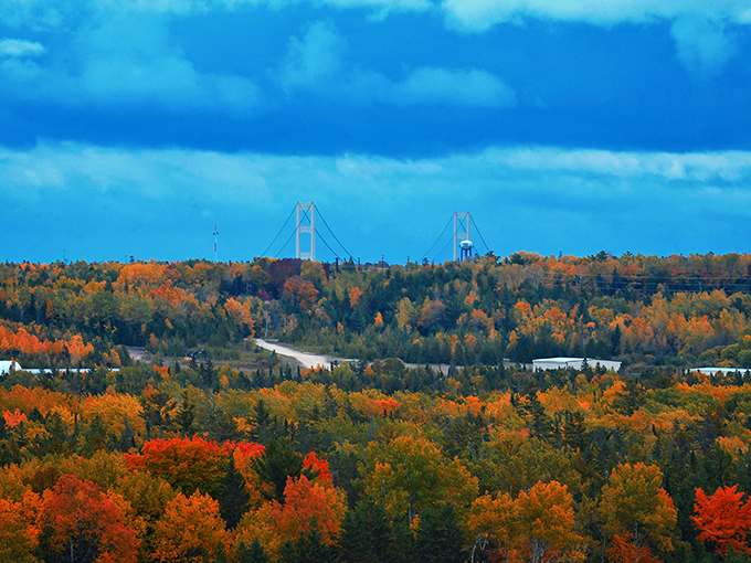 "Mother Nature's autumn fireworks display!" Fall foliage paints the landscape in vibrant hues, with the Mackinac Bridge peeking through.