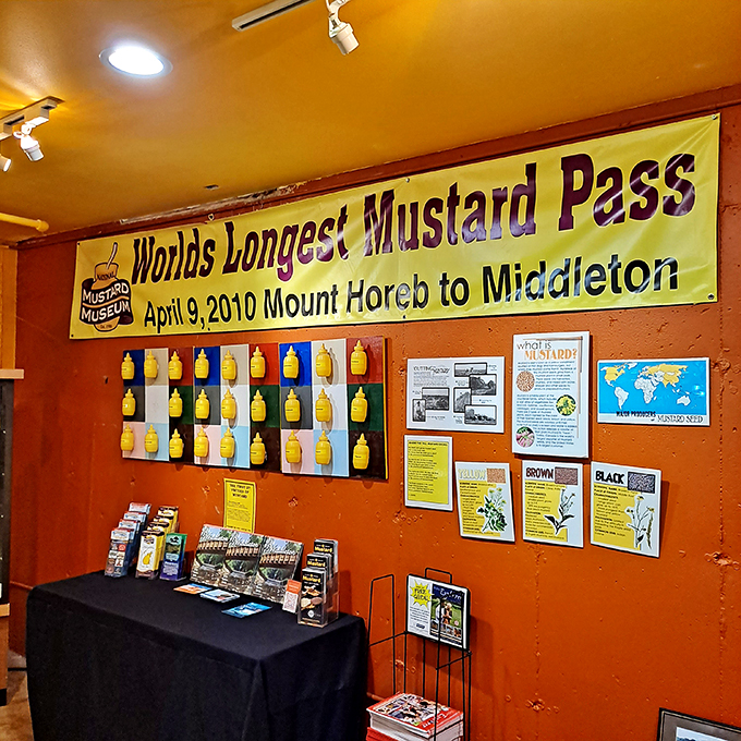 Breaking records, one squeeze at a time. This banner celebrates mustard's longest pass &ndash; a true testament to condiment dedication.