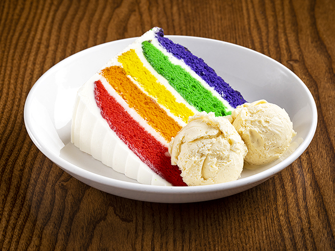 A slice of happiness that puts Roy G. Biv to shame. This cake is what unicorn dreams are made of.
