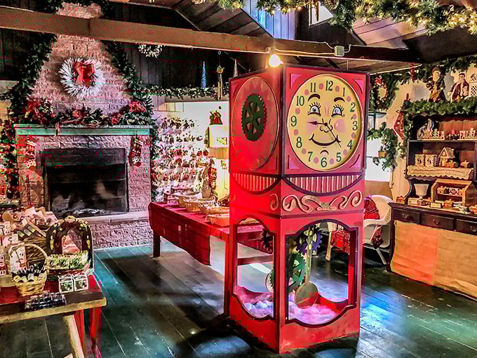 Step into Santa's living room! This cozy interior, complete with a whimsical clock, feels like the heart of the North Pole.