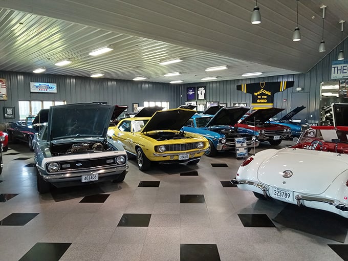 Muscle cars flex their chrome biceps in this corner. It's a gym for gearheads, no membership required!