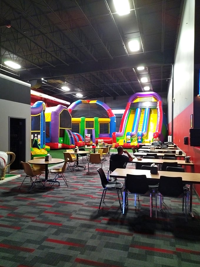 Inflatable fun meets culinary delights. It's like someone said, "Let's combine a bounce house with a food court!" Genius!