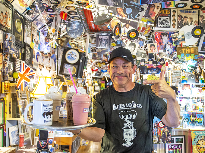 Our friendly neighborhood Beatle-barista, serving up smiles and songs with every sip.