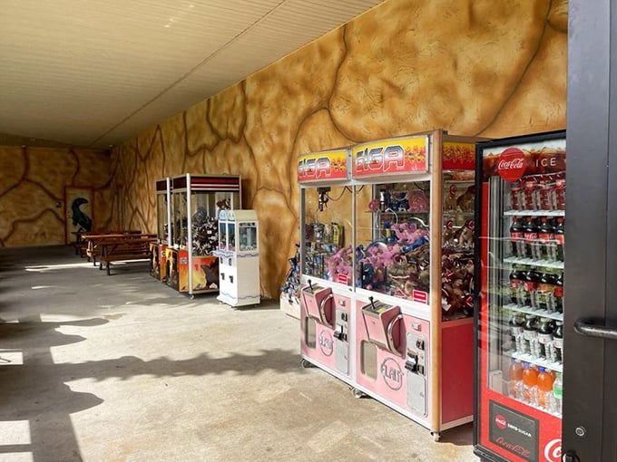 Jurassic snacks, anyone? These vending machines dispense modern treats in a prehistoric setting. No need to hunt or gather here!
