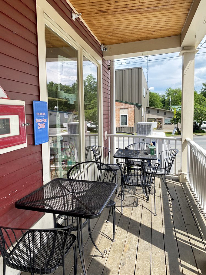 Alfresco dining, Vermont style. This porch is the perfect spot to people-watch while savoring your sandwich masterpiece.