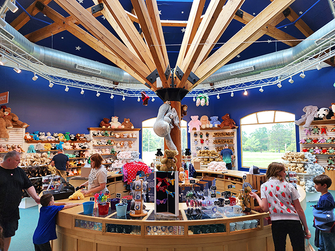 Under a canopy of twinkling lights and wooden beams, shoppers browse a forest of furry friends, each with a story to tell.