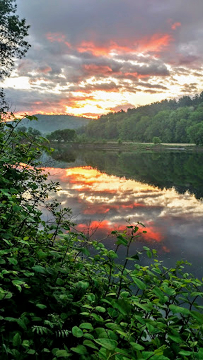 Nature's own light show! This stunning sunset paints the sky in hues that would make even Bob Ross jealous. No happy little trees required.
