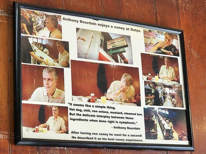 Even culinary royalty bows to the Coney Dog. Anthony Bourdain's seal of approval is framed for posterity.