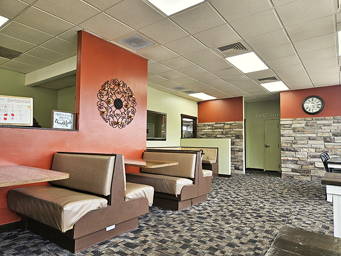 Cozy booths and warm colors &ndash; it's like sitting in a hug while you eat. Just don't try to take the booth home with you.