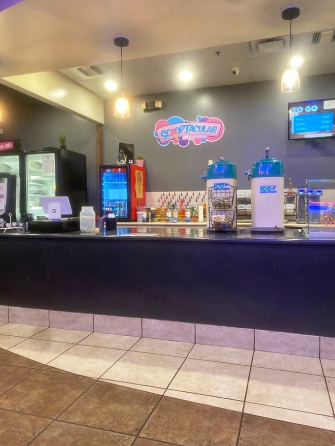 Ice cream paradise, now in Technicolor! This neon-lit counter is like a beacon of hope for dessert lovers everywhere.