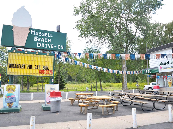 Al fresco feast! Nothing says summer like picnic tables, sunshine, and the promise of ice cream on the horizon.