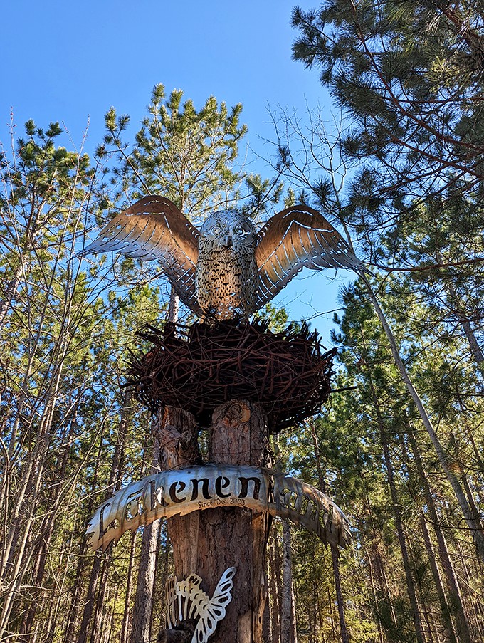 Whoo's watching you? This metal owl keeps a steely gaze over Lakenenland, part guardian, part greeter, all awesome.