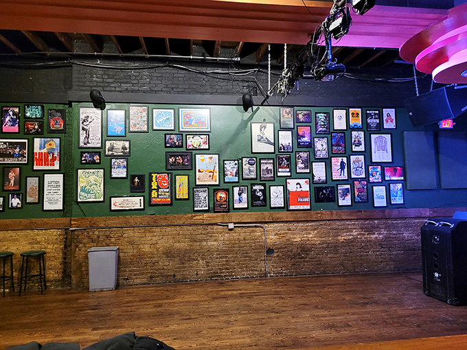 A wall of fame that rocks! This collage of posters and memorabilia is like a visual jukebox, each image humming with memories of nights gone by.