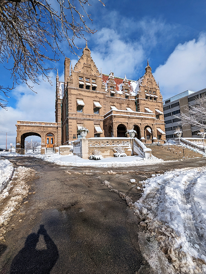 Winter wonderland or beer baron's paradise? This snowy scene proves that even Jack Frost can't resist the allure of Gilded Age architecture.