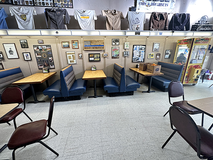 Slide into one of these booths and you're transported to a world where coffee is always fresh and the donuts are always hot. It's like a time machine, but tastier!