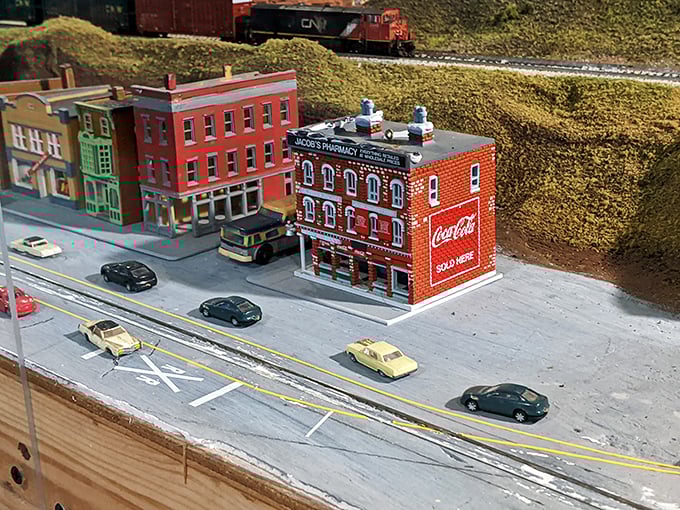Traffic jam? Not in this town! This miniature street scene captures mid-century Americana in all its scaled-down glory.