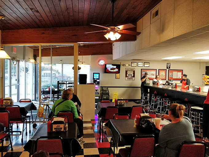 Red chairs, ready for action. It's like musical chairs, but the prize is always delicious chili.