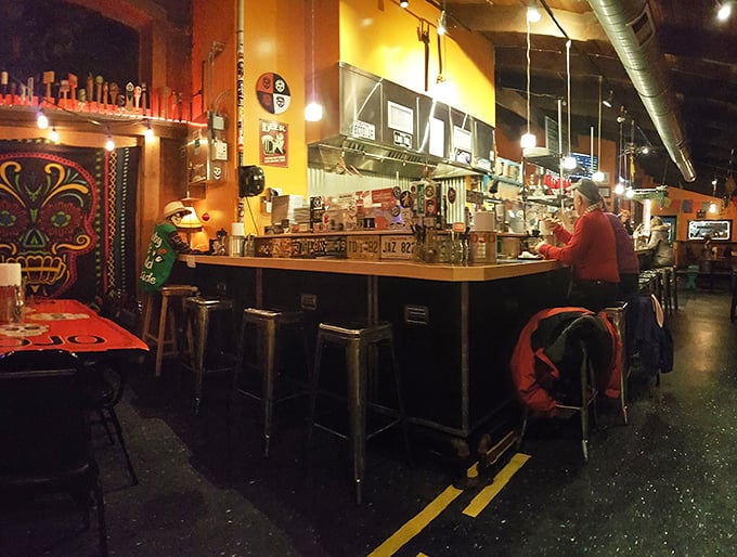 Fiesta meets function! Mojo's decor is a playful mix of practical and party, with string lights and exposed beams creating the perfect ambiance for munching.