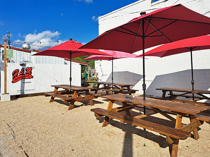 Alfresco dining, Florida style! These picnic tables are like front-row seats to a culinary concert under the sun.