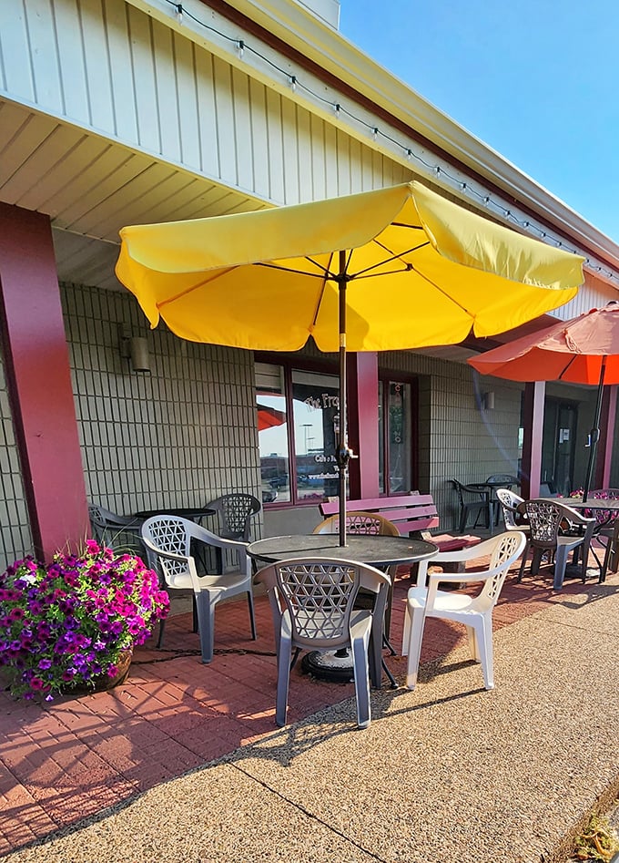 Sunshine and pancakes &ndash; the perfect pairing! Enjoy your breakfast al fresco under cheery umbrellas at The French Press's outdoor seating area.