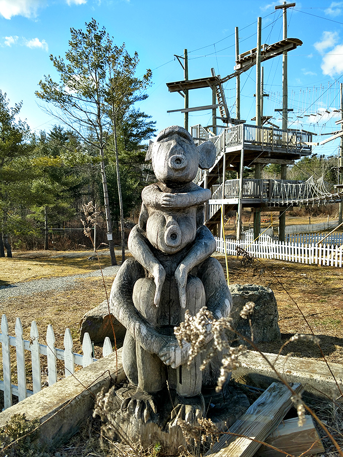Meet the park's unofficial greeter! This wooden sculpture is the strong, silent type &ndash; perfect for a congratulatory hug after conquering your fears.