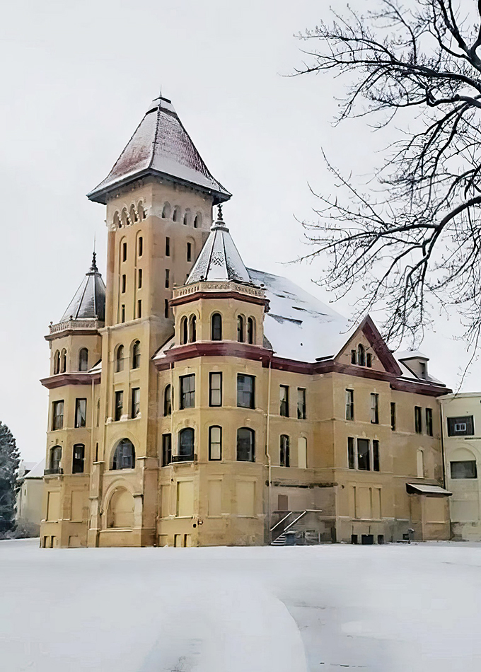 "Winter wonderland or frosty fortress?" The snow adds an extra layer of mystery to this already enigmatic edifice. Elsa would feel right at home!